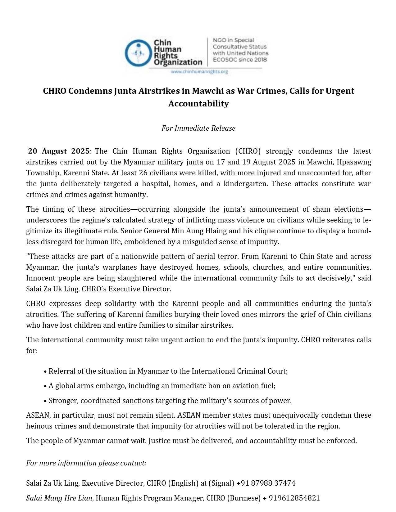 Press Release: CHRO Condemns Junta Airstrikes in Mawchi as War Crimes ...
